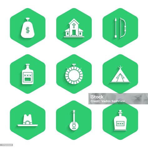 매점 물병 밴조 알코올 음료 럼 인도 천막 또는 Wigwam 서양 카우보이 모자 위스키 활과 화살 떨림과 돈 가방 아이콘을 설정합니다 벡터 0명에 대한 스톡 벡터 아트 및