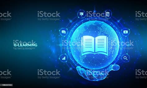 E러닝 혁신적인 온라인 교육 기술 개념 세계지도 포인트 및 선 구성 손에 지구 행성 지구 웨비나 온라인 교육 과정 기술 개발
