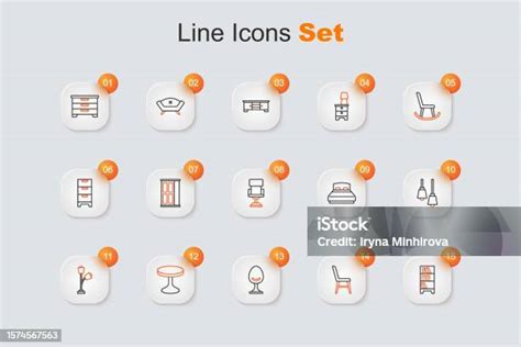 세트 라인 램프 교수형 의자 안락 의자 원형 테이블 플로어 램프 도서관 책장 큰 침대 및 사무실 아이콘 벡터 0명에 대한 스톡 벡터 아트 및 기타 이미지 Istock