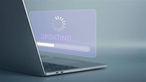 소프트웨어 업데이트 프로세스 설치 운영 체제 업그레이드 개념 가상 화면에 진행률 표시 줄을 업데이트하는 앱 패치 또는 앱 새 버전을 설치하는 노트북을 사용합니다 0명에 대한