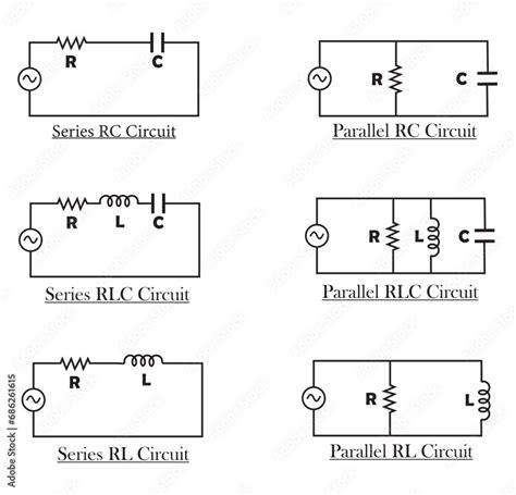 Different Types Of Electric Circuit Diagram Rc Rlc And Rlc Vector Illustration Stock Vector