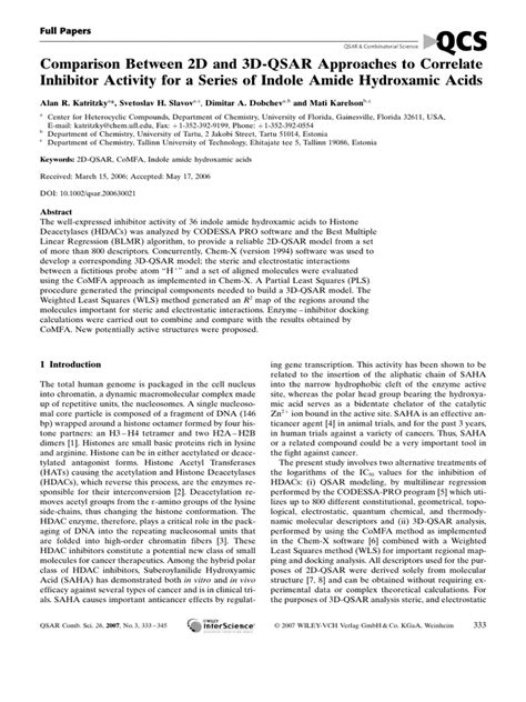 Qsar Combinatorial Science 2007 Katritzky Comparison Between 2d