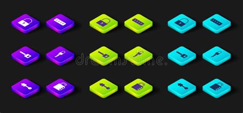 Set Old Key Safe Combination Lock Key Locked Password Protection And Icon Vector Stock
