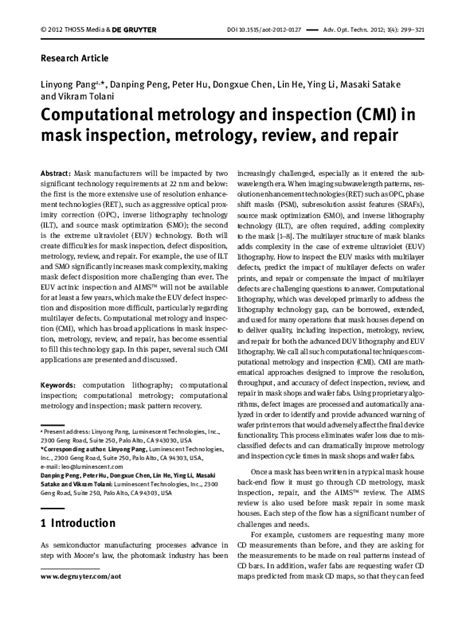 Pdf Computational Metrology And Inspection Cmi In Mask Inspection Metrology Review And