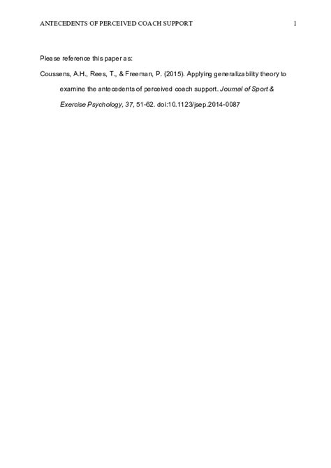 Pdf Applying Generalizability Theory To Examine The Antecedents Of Perceived Coach Support