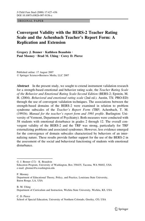 Pdf Convergent Validity With The Bers 2 Teacher Rating Scale And The Achenbach Teachers
