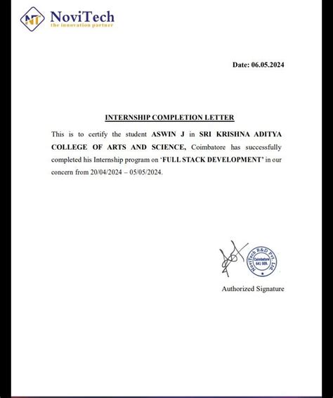 Aswin J On Linkedin Fullstackdevelopment Internship Novitech Professionalgrowth