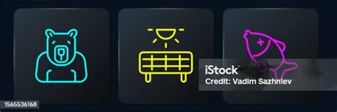 세트 라인 북극곰 머리 죽은 물고기 및 태양 에너지 패널 검은색 사각형 버튼입니다 벡터 검은색에 대한 스톡 벡터 아트 및 기타 이미지 Istock