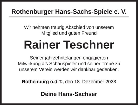 Traueranzeigen Von Rainer Teschner Trauerflzde