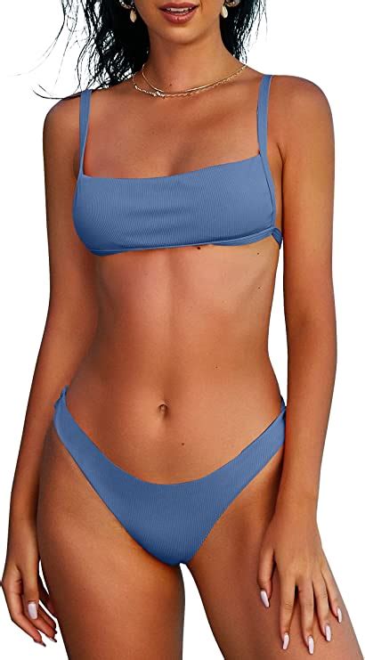 Women Ribbed Two Pieces Bikini Set Square Neck Padded Cheeky Swimsuit