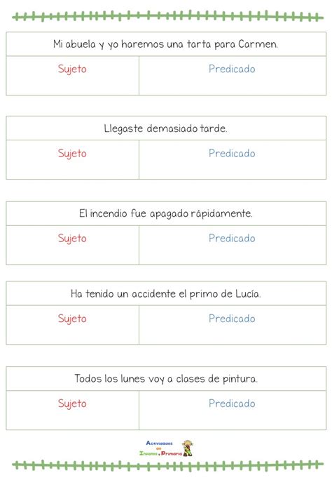 Fichas Para Identificar El Sujeto Y Predicado De Una Frase