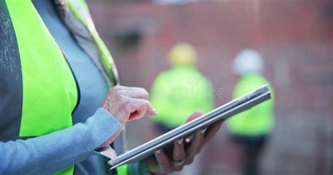 Construction Inspection And Hands With Tablet For Typing Quality Control And Maintenance