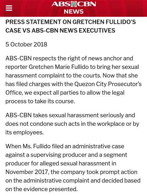 Abs Cbn Official Statement Over Gretchen Fullido Filed Cases