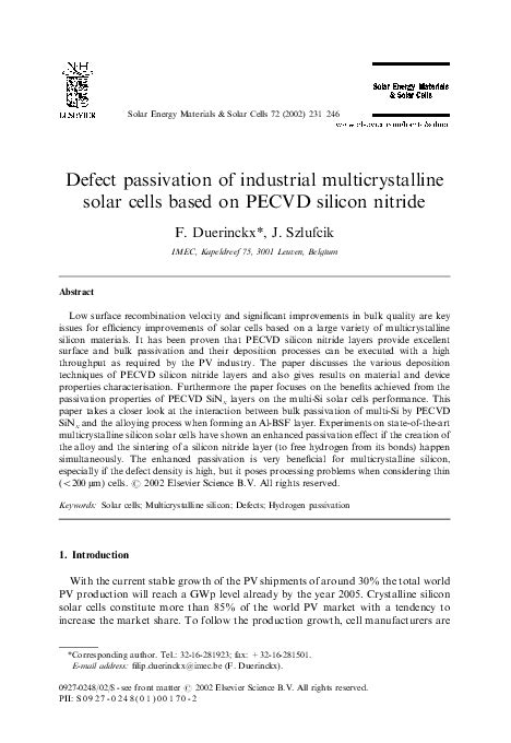 Pdf Defect Passivation Of Industrial Multicrystalline Solar Cells Based On Pecvd Silicon Nitride