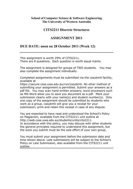 cits2211 discrete structures assignment 2011 due date
