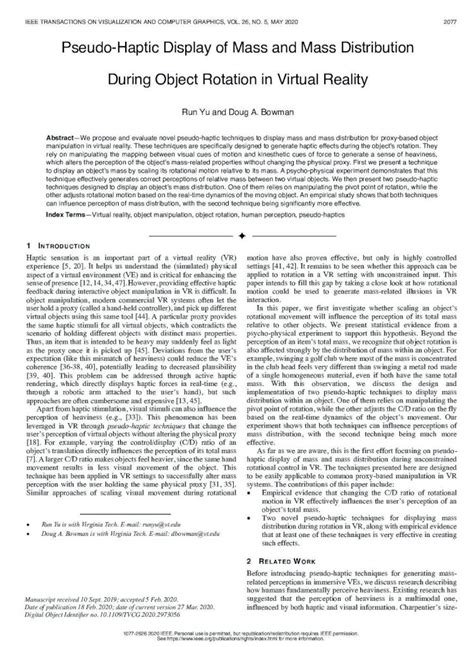 pdf pseudo haptic display of mass and mass distribution during