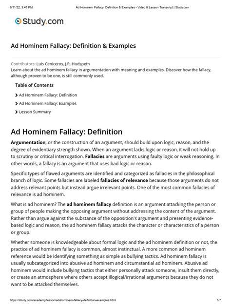 Ad Hominem Fallacy Definition And Examples Video And Lesson Transcript Pdf Fallacy Argument