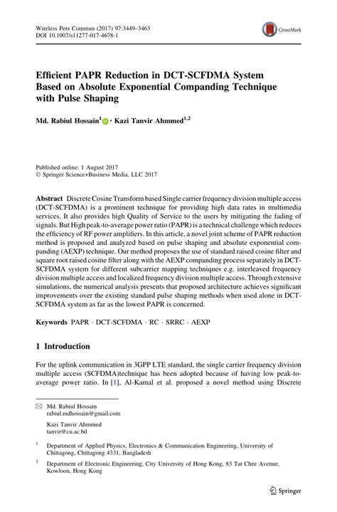 Pdf Efficient Papr Reduction In Dct Scfdma System Based On Absolute Exponential Companding