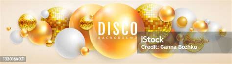 화려한 황금 구체와 디스코 볼 구와 3d 추상적 배경 디스코 볼 배경 디스코 파티 포스터 벡터 일러스트레이션 미러볼에 대한 스톡 벡터 아트 및 기타 이미지 Istock