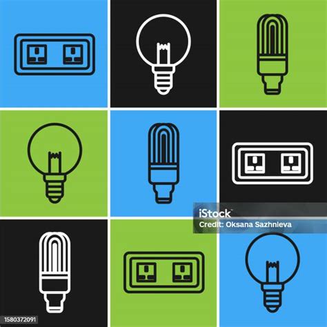 라인 전기 콘센트 Led 전구 및 전구 아이콘을 설정합니다 벡터 0명에 대한 스톡 벡터 아트 및 기타 이미지 0명 Led