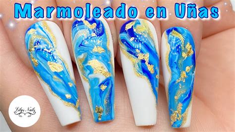Marmoleado En Uñas En Tono Azul Efecto Mármol En Uñas Muy Fácil De