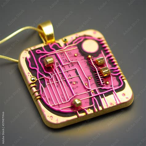 Pendant Made Of A Pink Circuit Board Piece With Gold Wire Wrapping Concept Of Wire Wrapping And