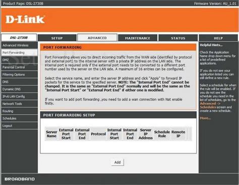 Dlink DSL 2730B Screenshot Port Forwarding