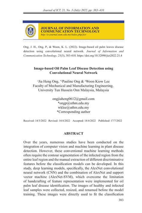 Pdf Image Based Oil Palm Leaves Disease Detection Using Convolutional Neural Network