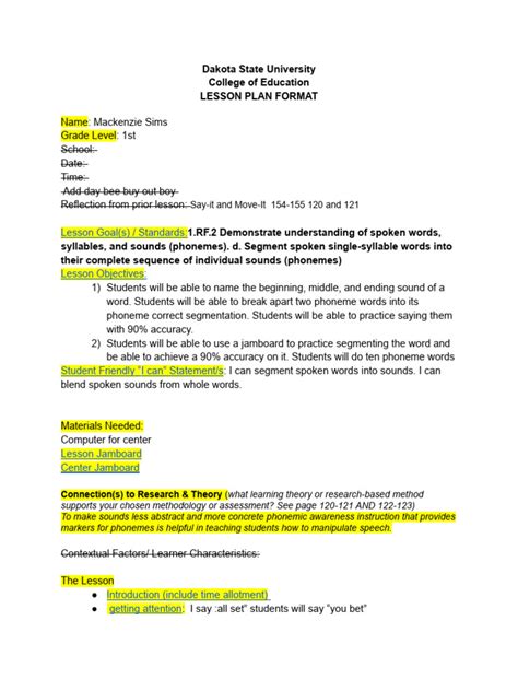 Mackenzie Sims La Pa Dsu Lesson Plan Template Modified Pdf Lesson