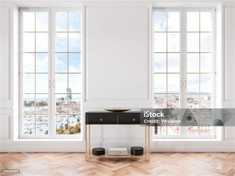 드레서 몰딩 창문 및 나무 바닥이있는 흰색 고전적인 인테리어 3d 렌더링 일러스트 모형 0명에 대한 스톡 사진 및 기타 이미지 Istock