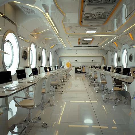 Futuristic Classroom Filled With Computers And Desks Premium Ai