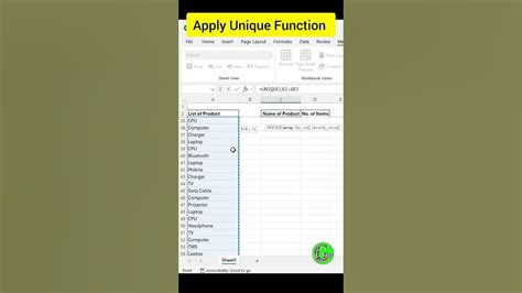 How To Apply Unique Function Excel Autosum Spreadsheets Exceltips Excelformula Youtube