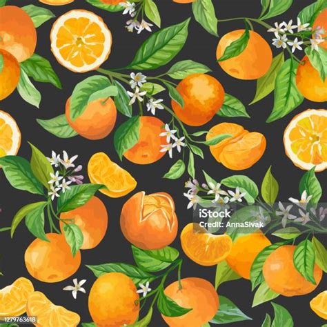 만다린 꽃 무늬 벡터 원활한 과일 배경 감귤류 과일 꽃 잎 오렌지 가지 텍스처 수채화 스타일 오렌지 웨딩 배경 벽지에 대한 빈티지 만다린 디자인 감귤류 과일에 대한 스톡
