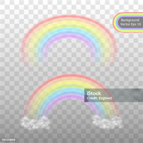 투명 한 바탕에 무지개입니다 구름에 섬세 한 컬러 팔레트에는 아치 형태로 현실적인 무지개 효과 화려한 디자인 요소에 대 한 여름 상징의 벡터 그림 0명에 대한 스톡 벡터