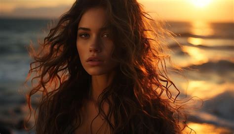 Free Photo Young Woman With Long Brown Hair Looking At Camera Outdoors Generated By Artificial