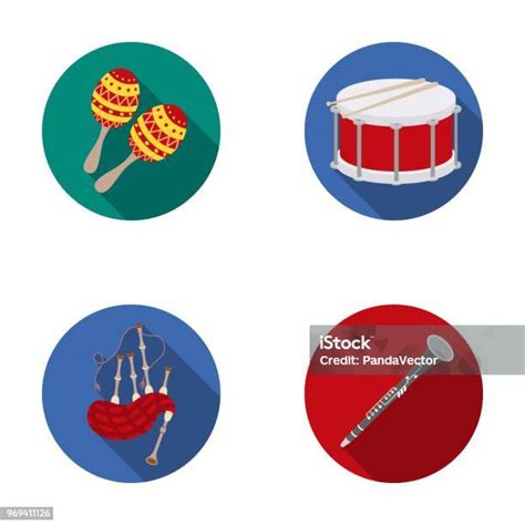 마라 카스 드럼 스코틀랜드 백 파이프 클라리넷입니다 악기는 플랫 스타일 벡터 기호 재고 일러스트 웹에서 컬렉션 아이콘을