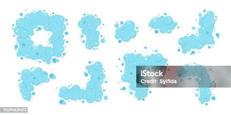 만화 비누 방울 프레임 파란색 거품 테두리 샤워 비눗물 세탁 배경 샴푸 세척 샤워 욕조 물 소다 공기 아이콘 세트 재미있는 추상