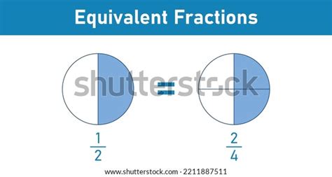 Equivalent Fractions One Half Explained Mathematics Stock Vector