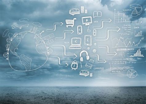 Global E Commerce Flow Concept Is Appearing Over Ocean Seascape With White Hand Drawn