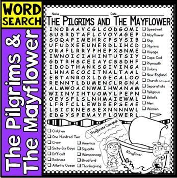 The Pilgrim And The Mayflower Word Search Is Shown In This Purple And