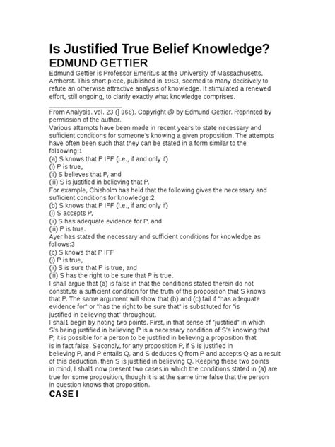 Is Justified True Belief Knowledge Edmund Gettier Pdf Reasoning Logic
