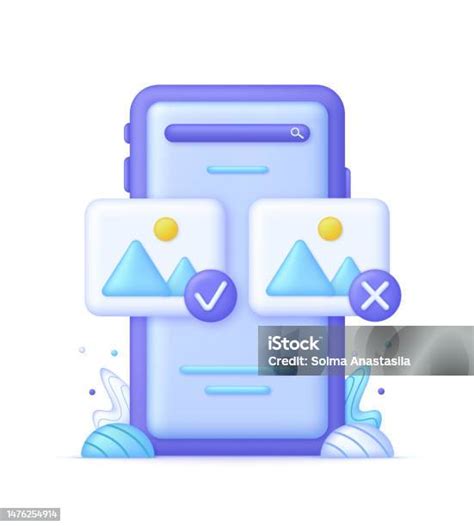 전화에 확인 및 십자 표시가 있는 3d 그림입니다 갤러리에서 이미지를 추가하거나 삭제합니다 그림  파일 사진 아이콘입니다 0명에 대한 스톡 벡터 아트 및 기타 이미지