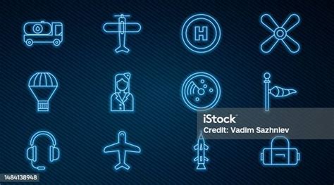 세트 라인 여행 가방 콘 기상학 윈드삭 풍향계 헬리콥터 착륙장 스튜어디스 상자 비행 낙하산 연료 유조선 트럭 표적 모니터 및 비행기 아이콘이 있는 레이더 벡터 0명에 대한
