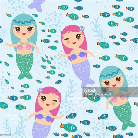 푸른 바다 물 바탕에 파란색과 분홍색 머리 귀여운 귀여운 소녀 산호 물고기 원활한 패턴의 인 어 벡터 귀여운에 대한 스톡 벡터
