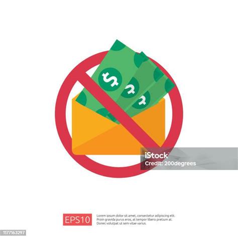 중지 및 부패 방지 개념 봉투및 금지 경고 표지판에 돈으로 사업 뇌물 배너 배경 웹 방문 페이지 및 프리젠 테이션을위한 평면 스타일의 벡터 일러스트레이션 0명에 대한 스톡