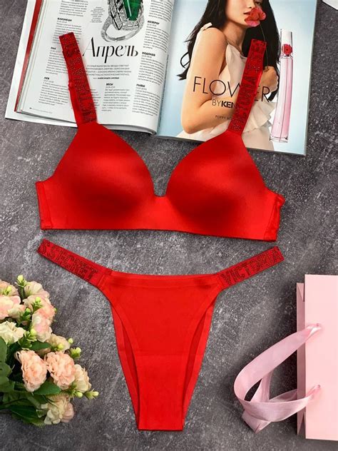 Бесшовный Женский Комплект Нижнего Белья Victoria`s Secret Виктория Сикрет со Стразами Красного