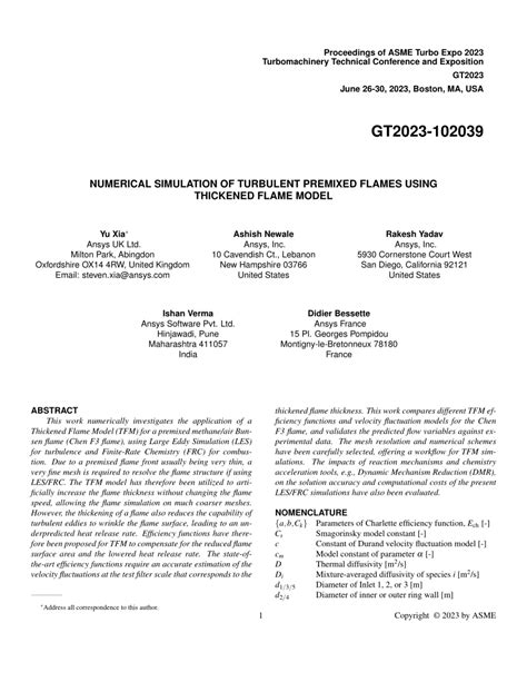 Pdf Numerical Simulation Of Turbulent Premixed Flames Using Thickened Flame Model
