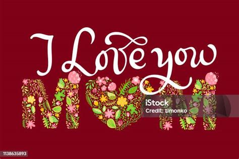 꽃 여름 텍스트 나는 당신 엄마를 사랑 해요 벡터 일러스트 레이 션 손 어머니의 날에 대 한 빨간색 배경에 꽃과 나뭇잎과 흰색 서 예와 대문자 대문자를 그린 계절에 대한