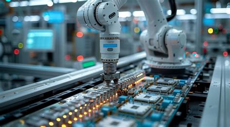 Premium Photo Industrial Robotic Arm Precisely Handling An Electronic Chip In A Hightech