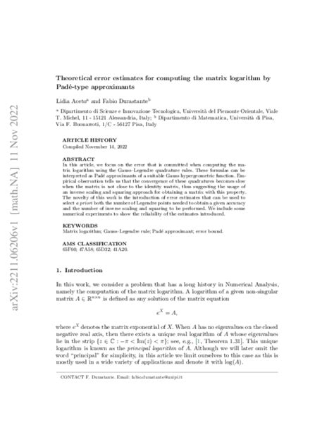 Pdf Theoretical Error Estimates For Computing The Matrix Logarithm By Pade Type Approximants